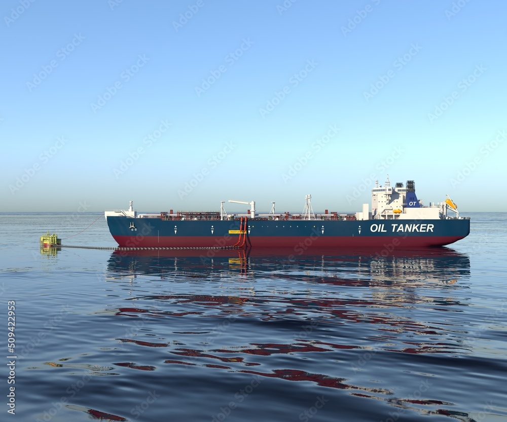 Oil tanker at the SPM buoy. 3d-rendering. A double-acting Arctic tanker ...