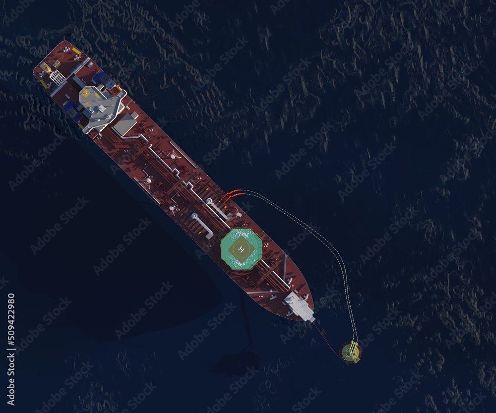 Oil tanker at the SPM buoy. 3d-rendering. A double-acting Arctic tanker ...