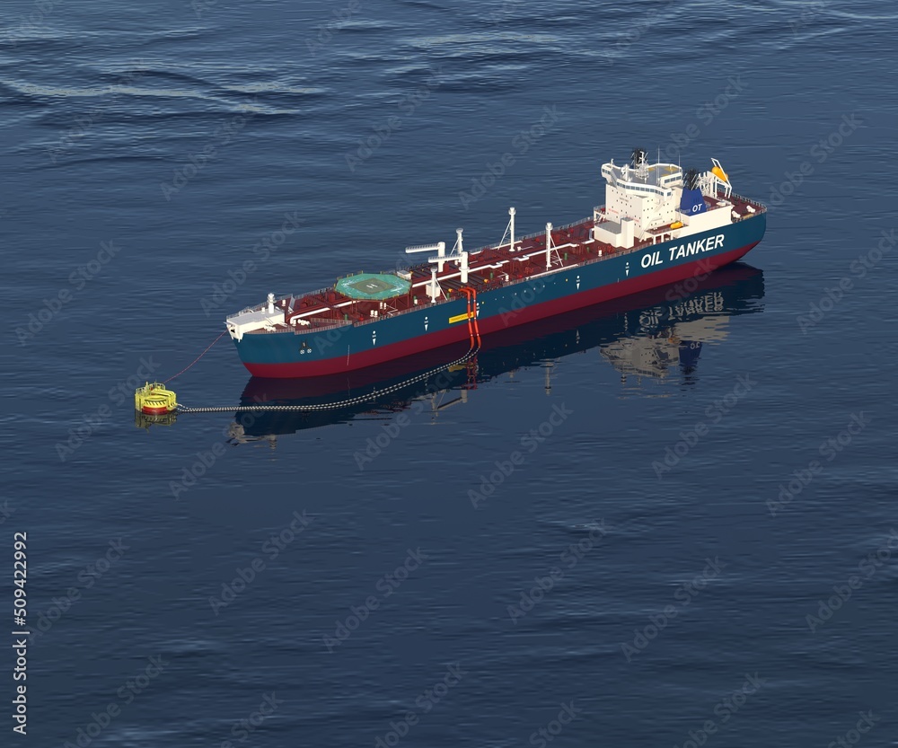 Oil tanker at the SPM buoy. 3d-rendering. A double-acting Arctic tanker ...