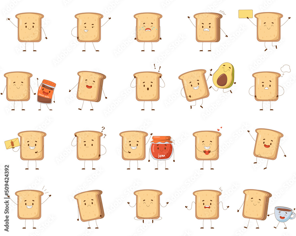 Set of cute toast bread character. Various character emotions. Set for ...