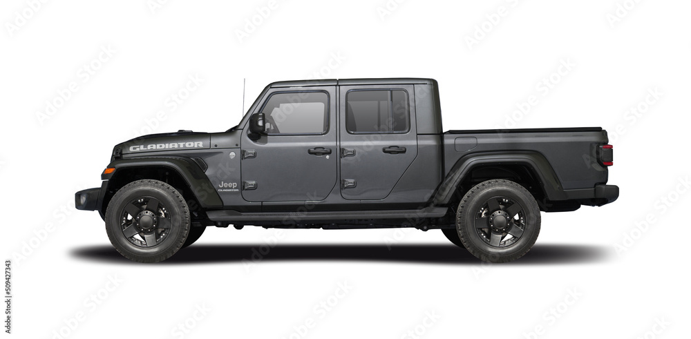 Jeep gladiator pickup truck, side view isolated on white background, 6 ...