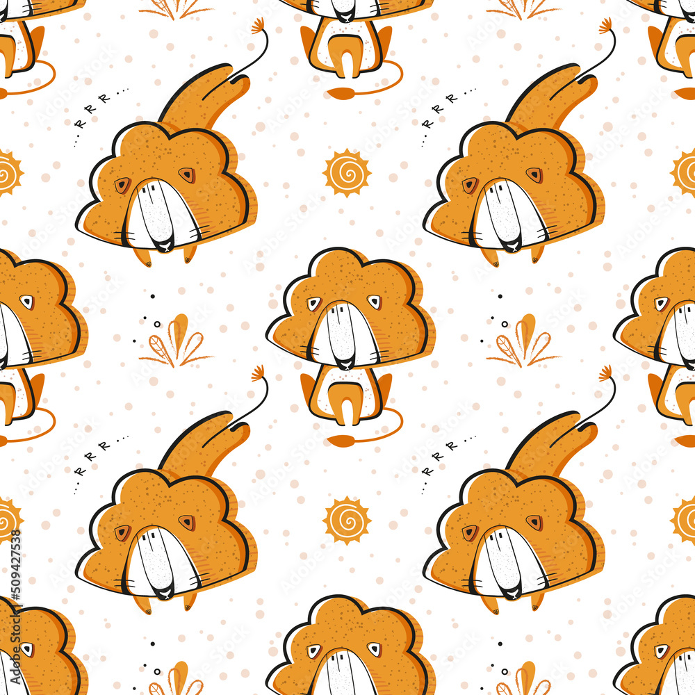 Seamless pattern with cute cartoon lions, sun and decor elements ...