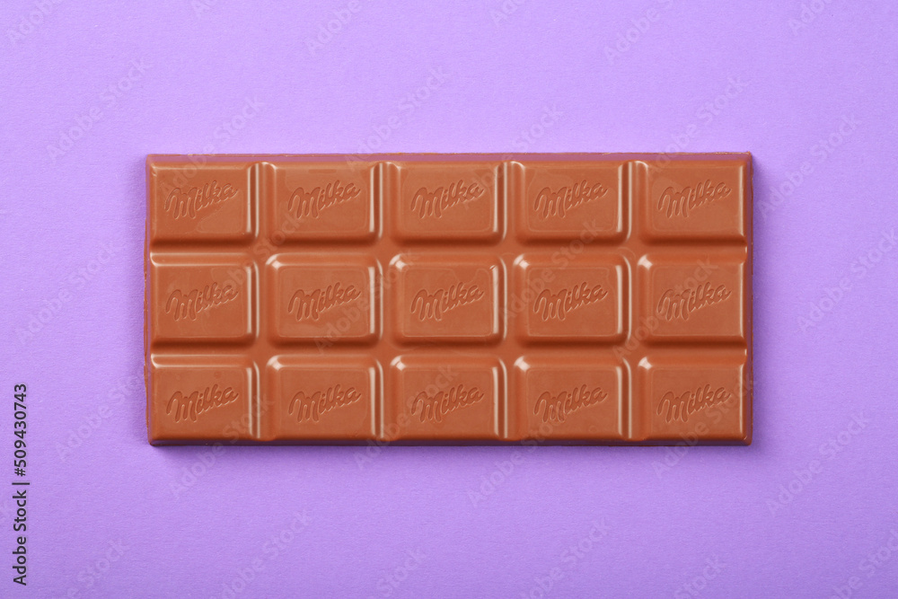 Milka chocolate bar on violet background, flat lay, top view Stock ...