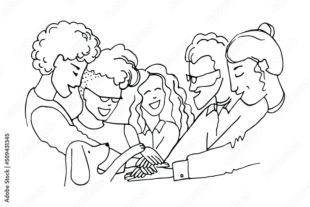 Hands putting together. Team of people celebrate success in work ...
