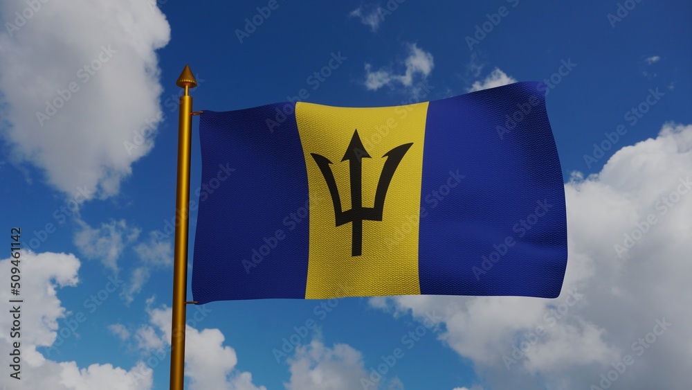 National flag of Barbados waving 3D Render with flagpole and blue sky ...
