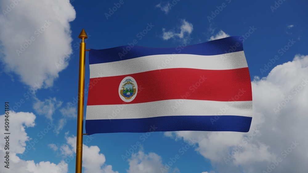 National flag of Costa Rica waving 3D Render with flagpole and blue sky ...
