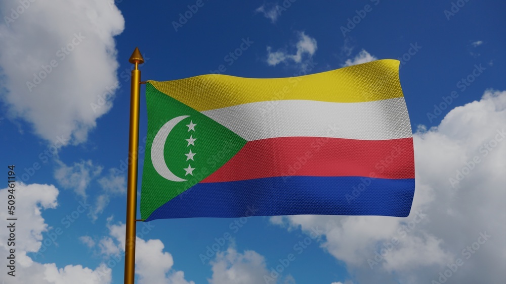 National flag of Comoros waving 3D Render with flagpole and blue sky ...