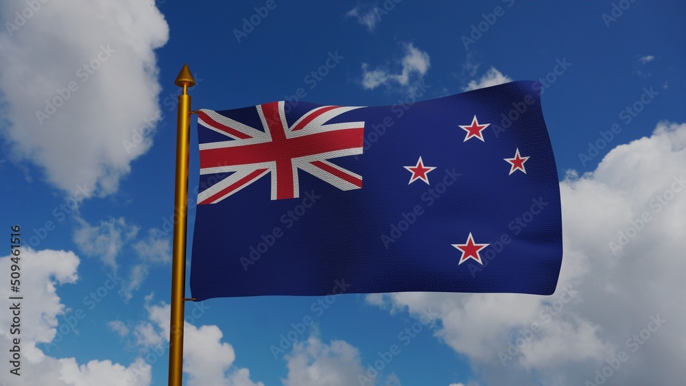 National flag of New Zealand waving 3D Render with flagpole and blue ...