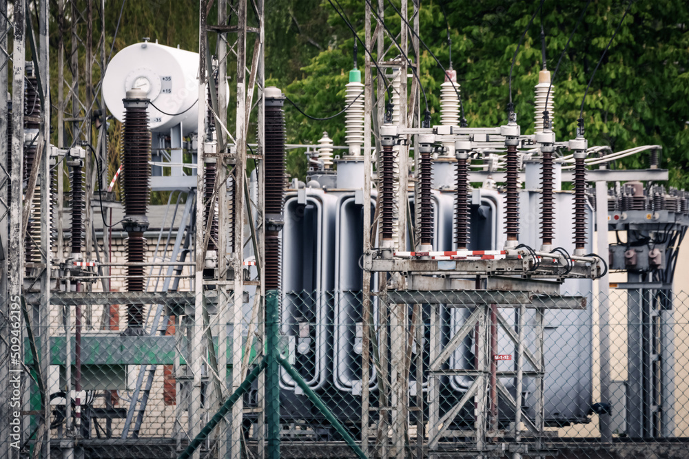 High voltage transformer station. conversion of electricity on high ...