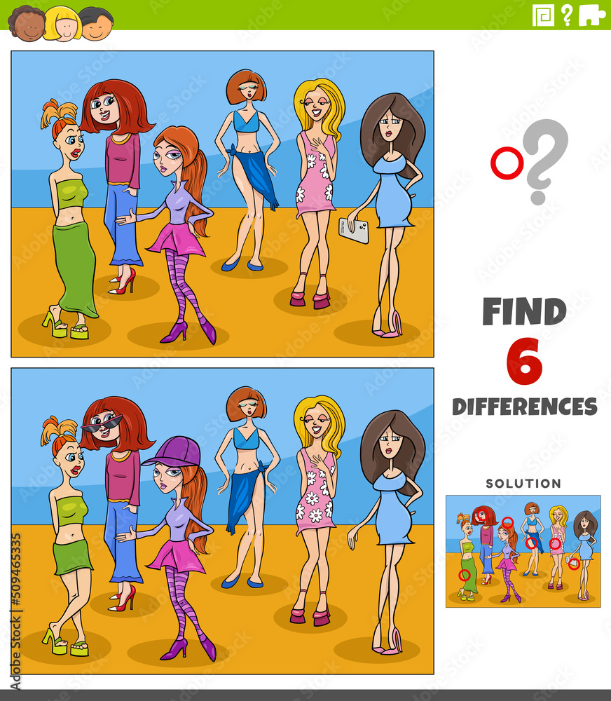 differences educational game with comic pretty women Stock Vector ...