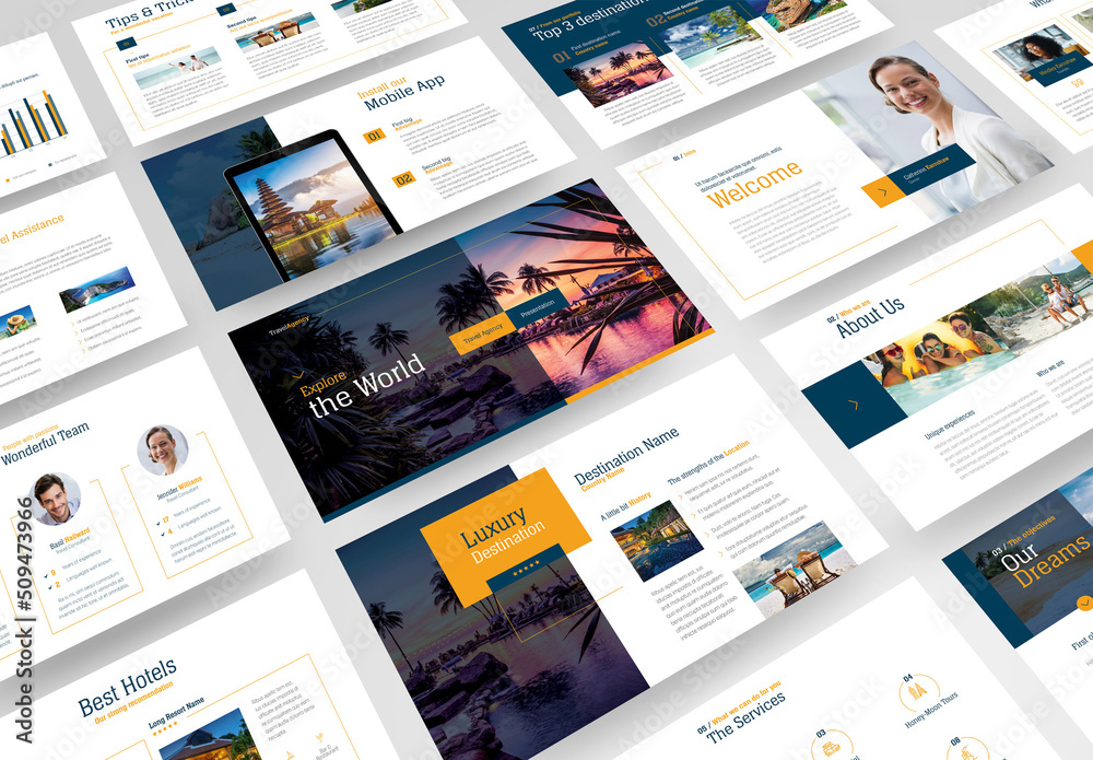 Travel Agency Presentation with Blue and Yellow Accents Stock Template ...