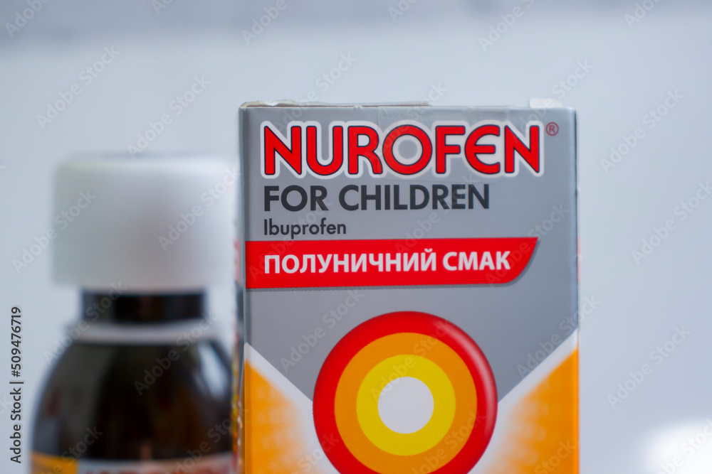 June 4, 2022 Ukraine city Kyiv Nurofen syrup on a light background ...