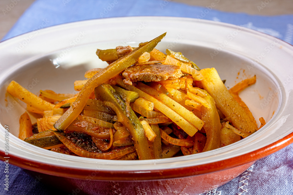 Azu - traditional tatar stew. Beef meat stew with vegetables and ...