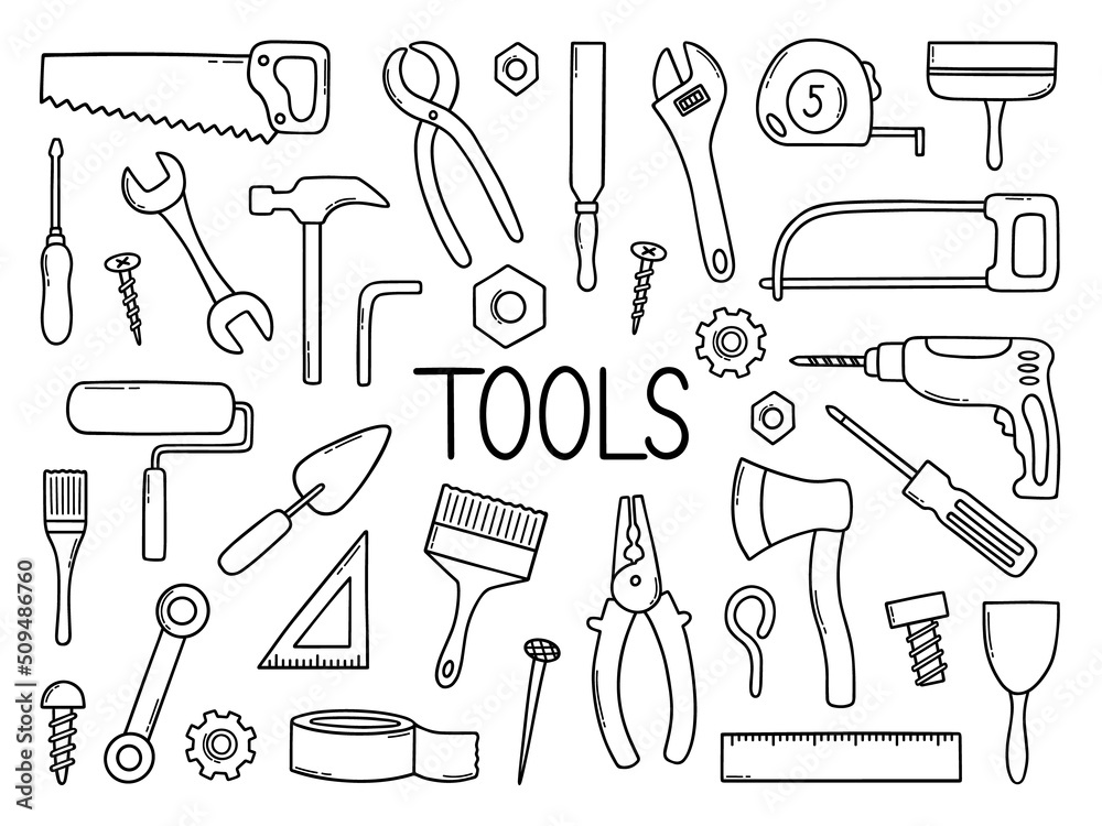 Hand drawn set of construction tools doodle Different working and ...