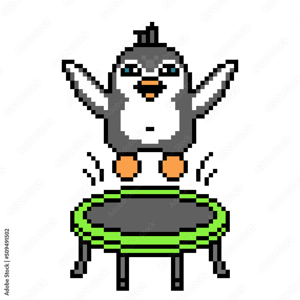 Penguin bouncing on a trampoline, pixel art animal character on white ...