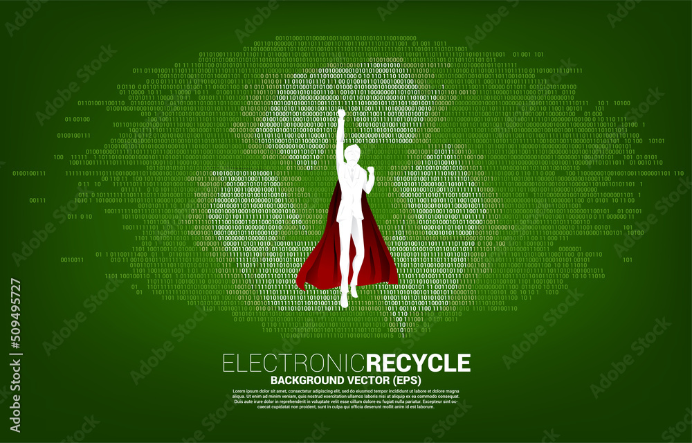 Silhouette of man in superhero suit flying with Recycle icon from ...