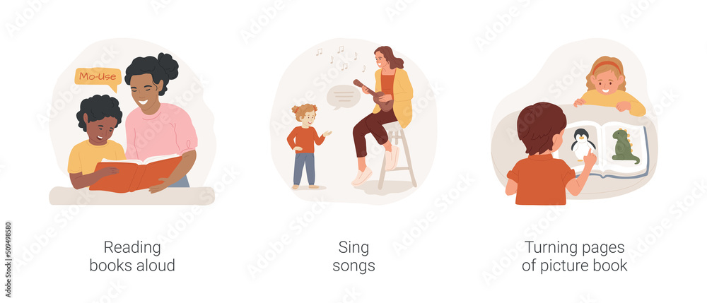 Toddlers learning skills isolated cartoon vector illustration set ...