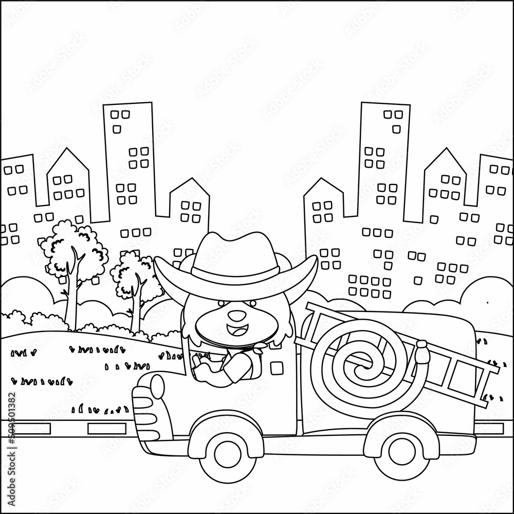 Fire rescue team with funny firefighter, vector cartoon, Cartoon ...