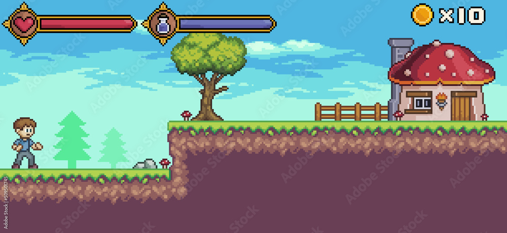 Pixel art game scene with character, life bar and mana, tree, cloud ...