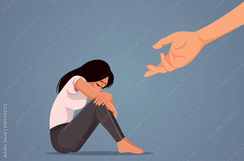 Depressed Woman Being Offered a Helping Have Vector Concept ...