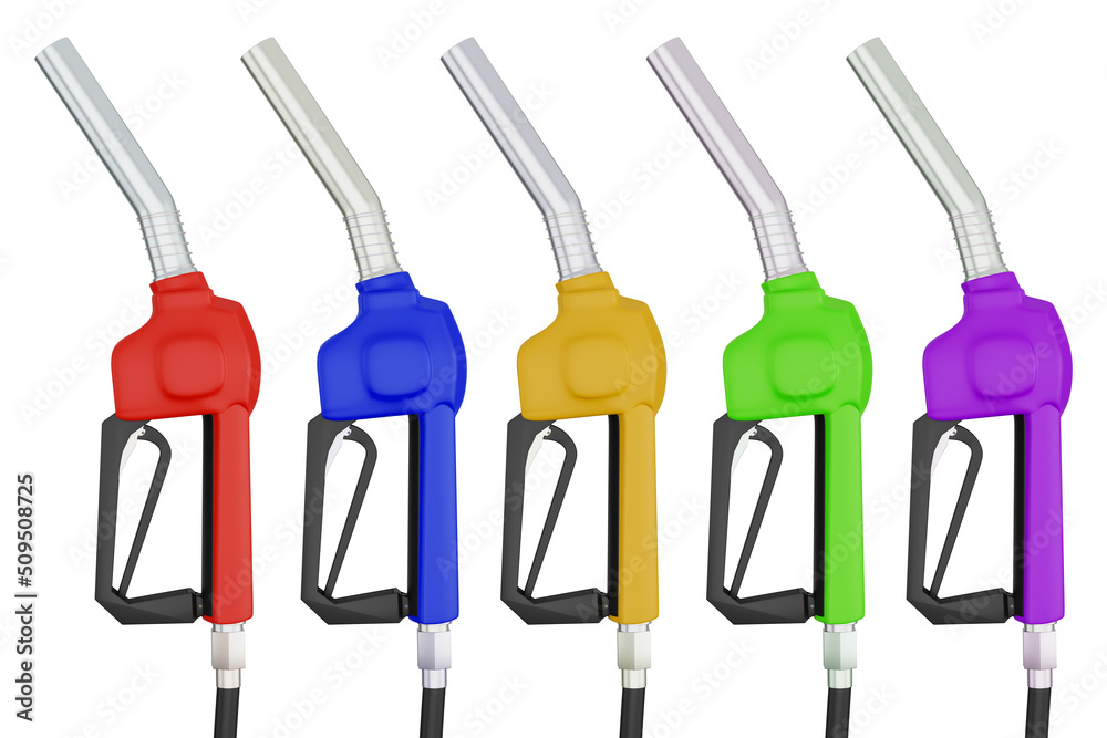Creative 3d illustration of gasoline, diesel, gas, and cut-off nozzles ...
