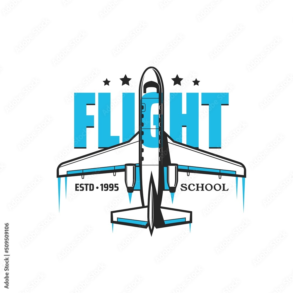 Flight school icon, vector emblem with modern airplane top view and ...