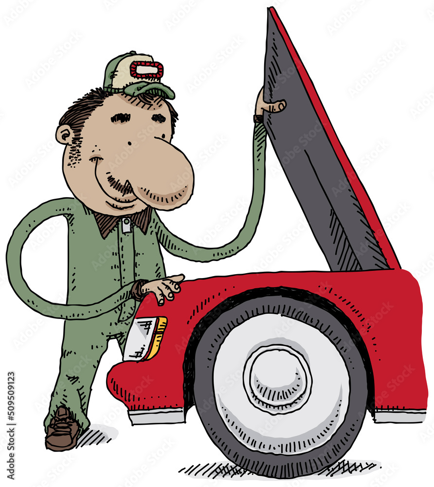 Cartoon of a friendly mechanic checking under the hood of a red car ...