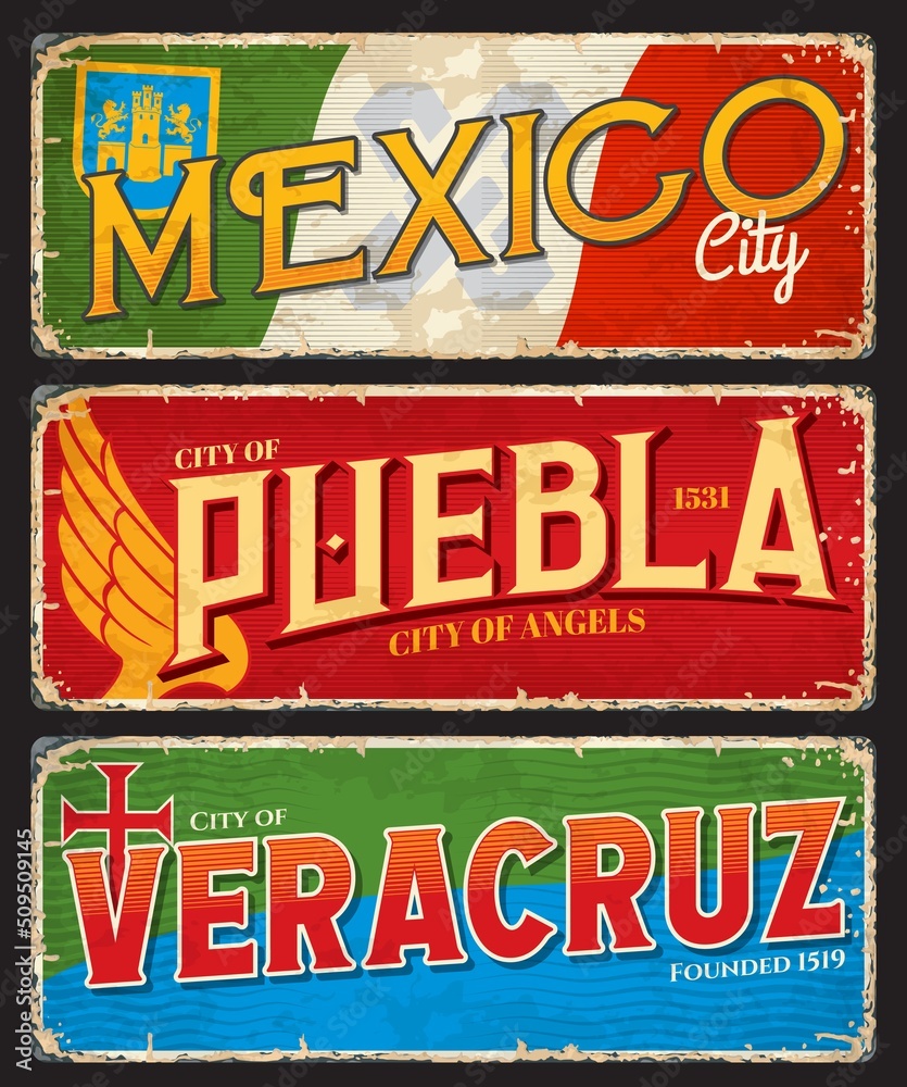 Mexico, Puebla, Veracruz city travel plates and stickers, Mexican ...