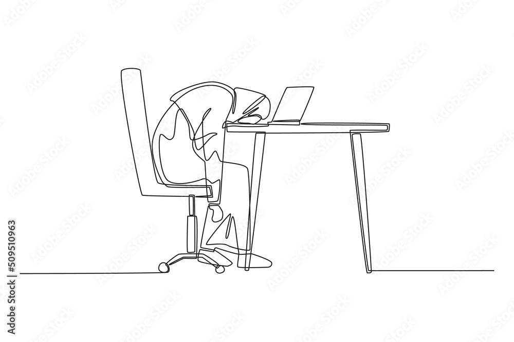 Continuous line drawing exhausted tired Arab businesswoman in office ...