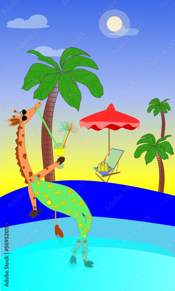 Giraffe with clothes, vector. Giraffe drinks juice and rests in the ...