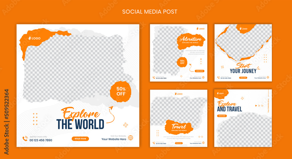 Travel Social media post bundle, brush effect tours and travels square ...