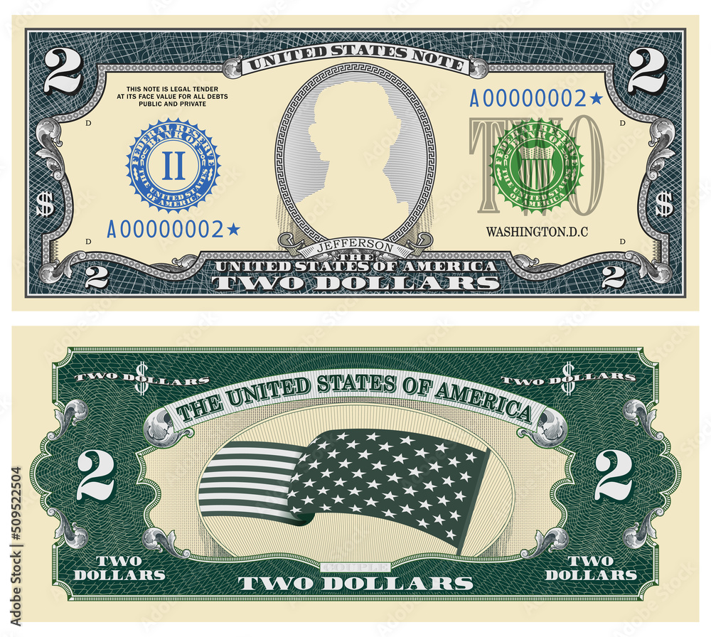 Fictional template obverse and reverse of US paper money. Two dollars ...