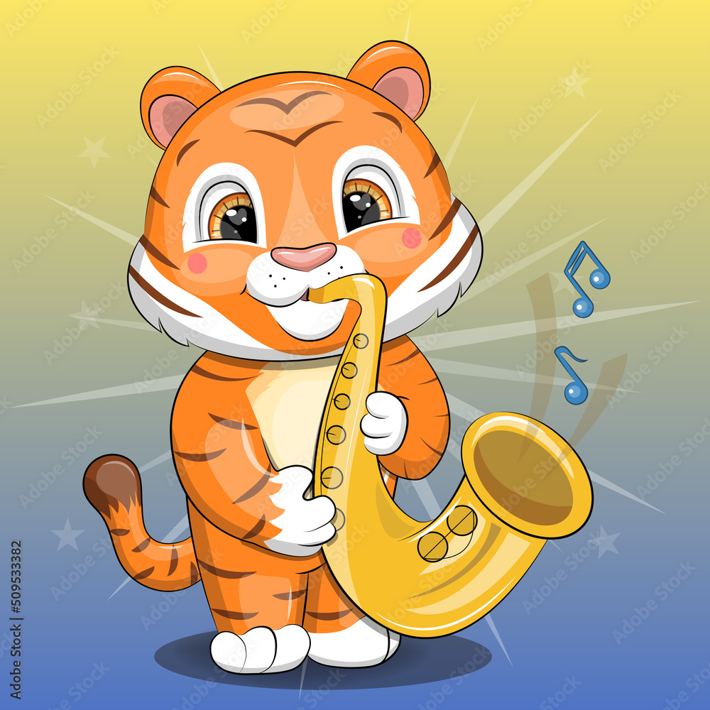 Cute cartoon tiger with saxophone. Vector illustration of animal on the ...
