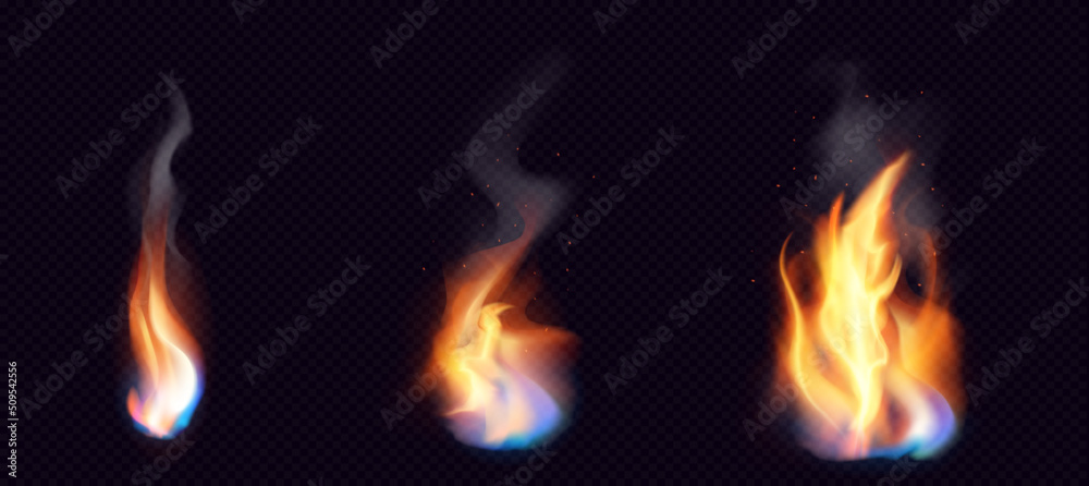 Vettoriale Stock Fire PNG. Realistic Fire Flames with smoke, blue fire ...