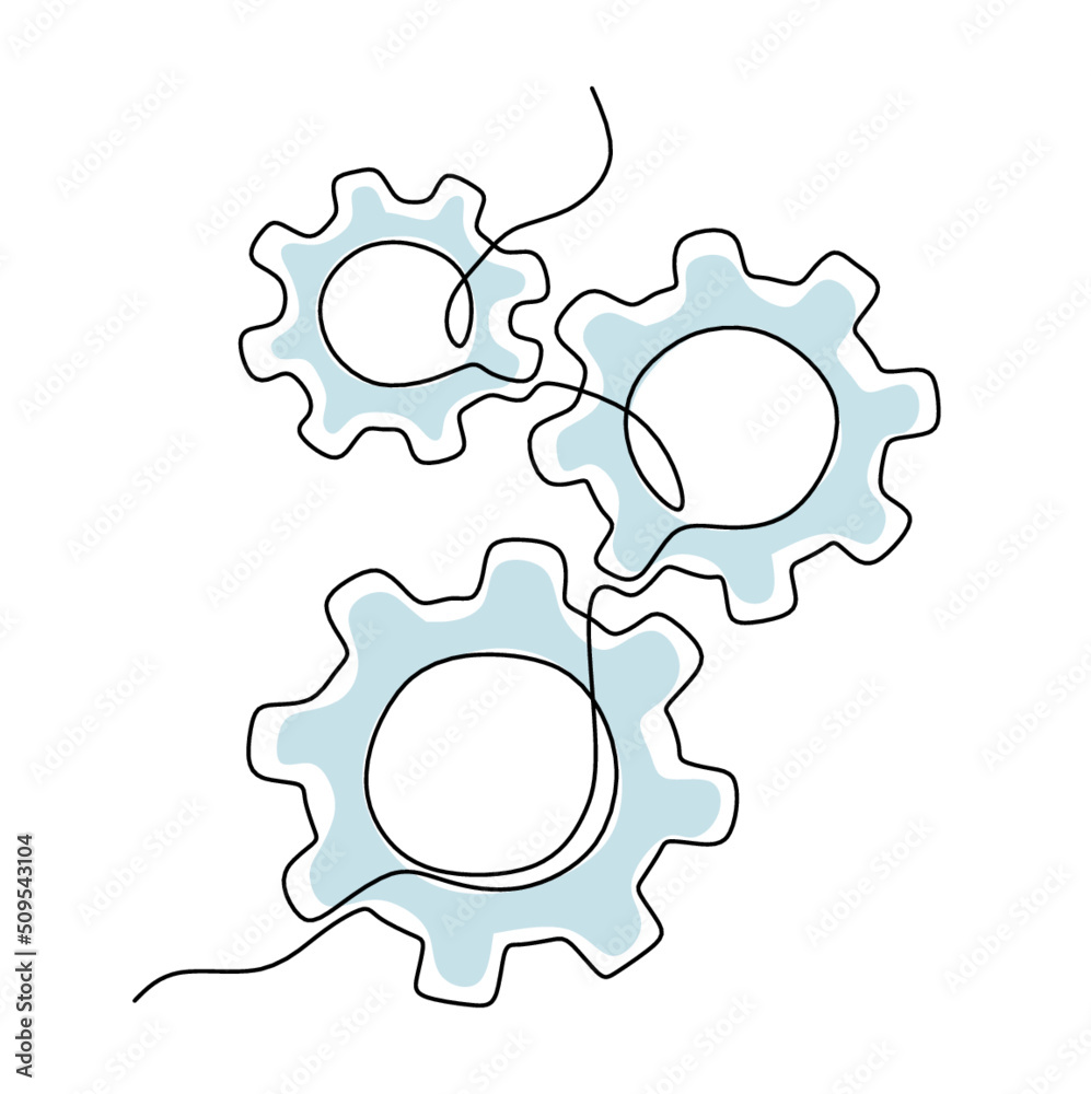 One continuous line of moving gears wheels. Round wheel metal symbol ...