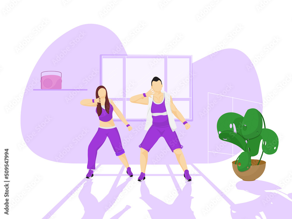 Faceless Young Man And Woman Doing Zumba Dance Against Purple And White ...