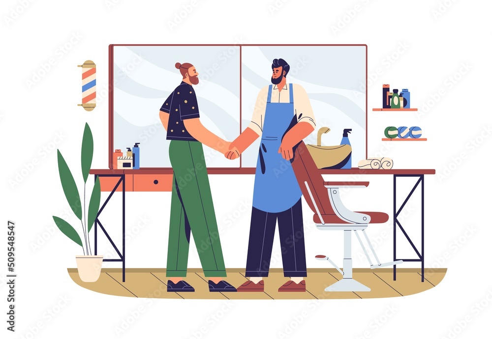 Happy man client shaking hand of barber, thanking for grooming ...