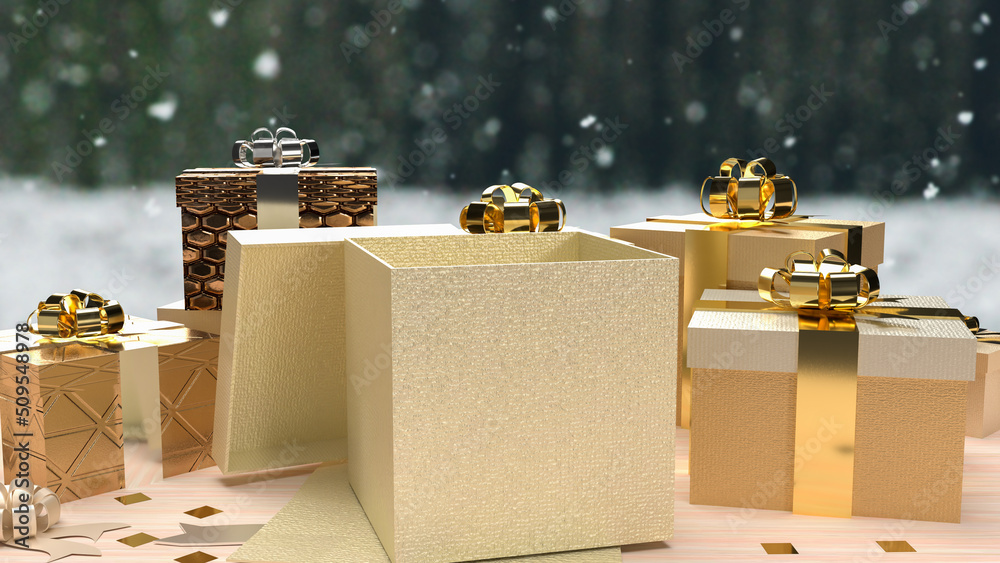 The gold gift boxes on wood table for celebration concept 3d rendering ...