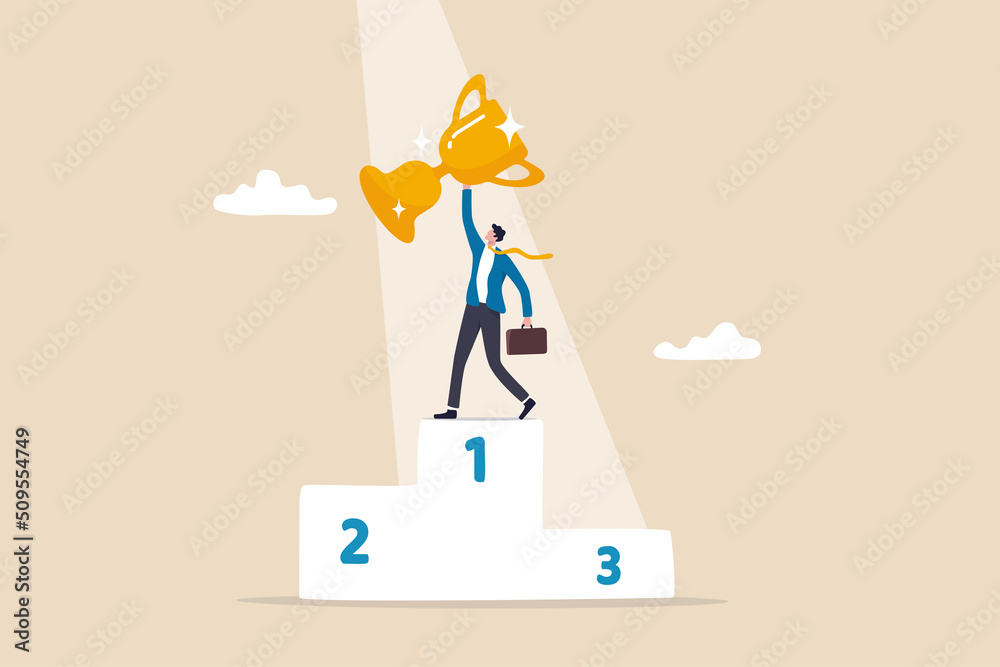Business winning first place, success or victory, award winner or ...