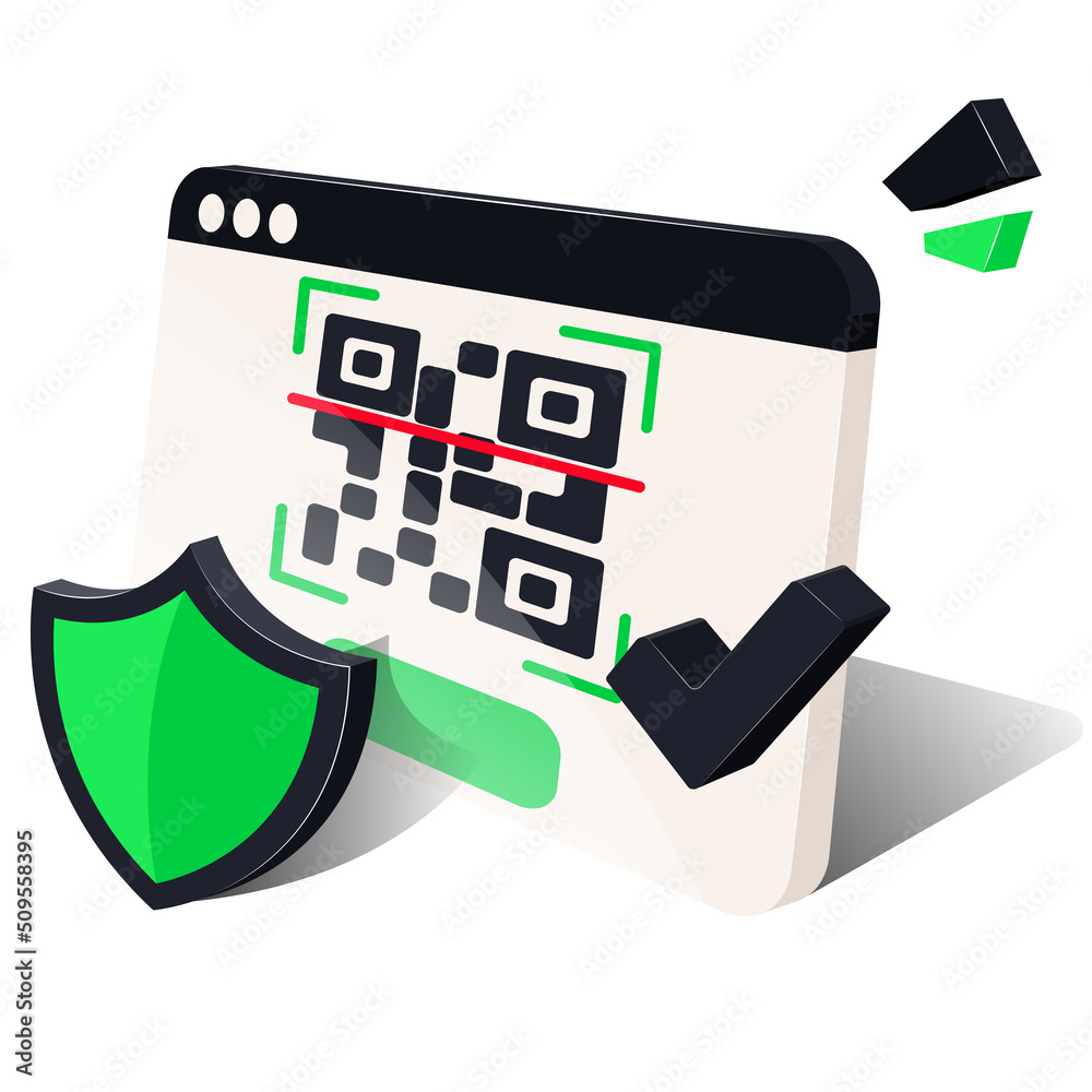 QR code vector illustration concept. 3d computer screen with images of ...