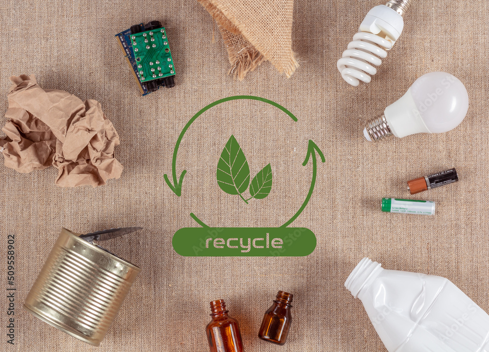 Recyclables for recycling. Waste sorting concept, glass, light bulbs ...