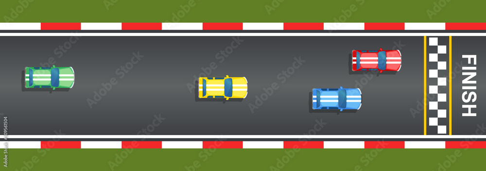 Racing track top view with finishing cars and finish line. Roadway for ...