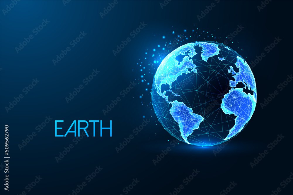 Abstract planet earth globe map, view from space concept banner in futuristic glowing style on ...