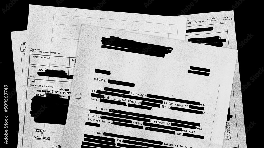 Redacted document montage with photocopy textures and black background ...