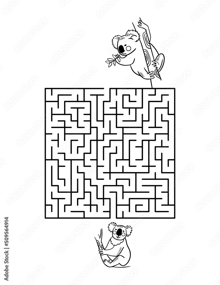 Simple animal maze with koala for kids. Coloring page for kids. Stock ...