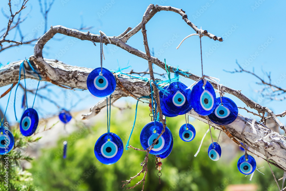 Amulets from the evil eye blue glass eyes on the branches of a tree in ...