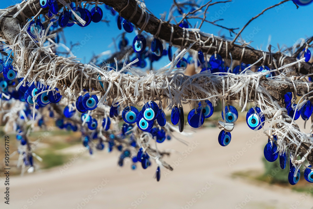 Amulets from the evil eye blue glass eyes on the branches of a tree in ...