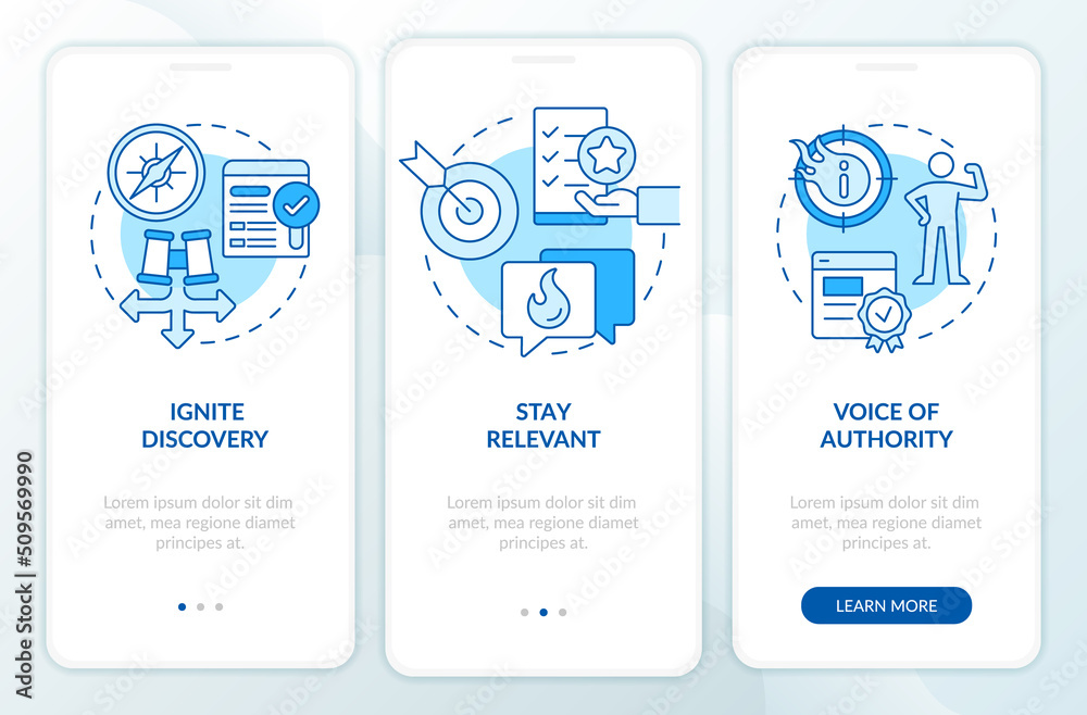 Search Engine Optimization Pillars Blue Onboarding Mobile App Screen Walkthrough 3 Steps
