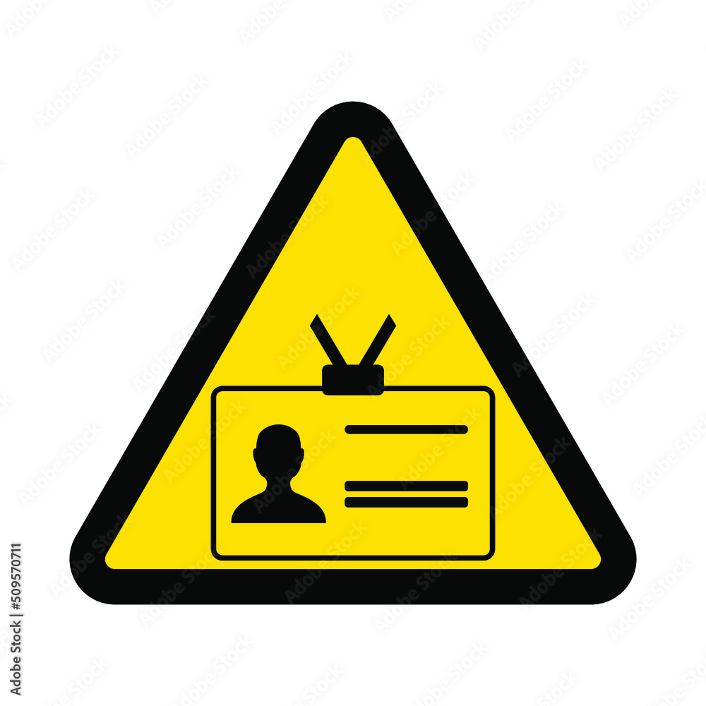 Employee ID cards, warning yellow triangular sign isolated on white ...