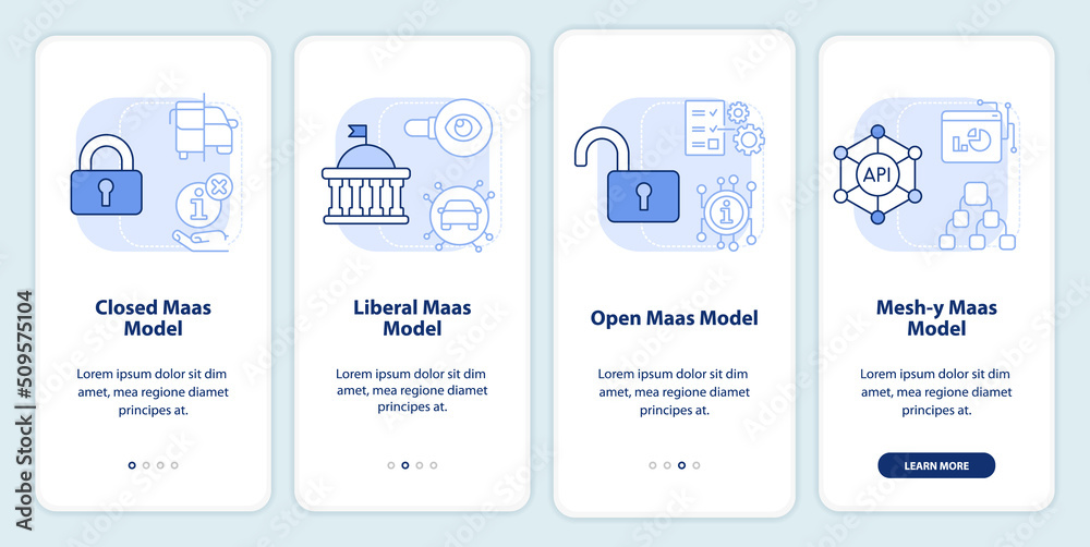 MaaS models light blue onboarding mobile app screen. Digital system ...